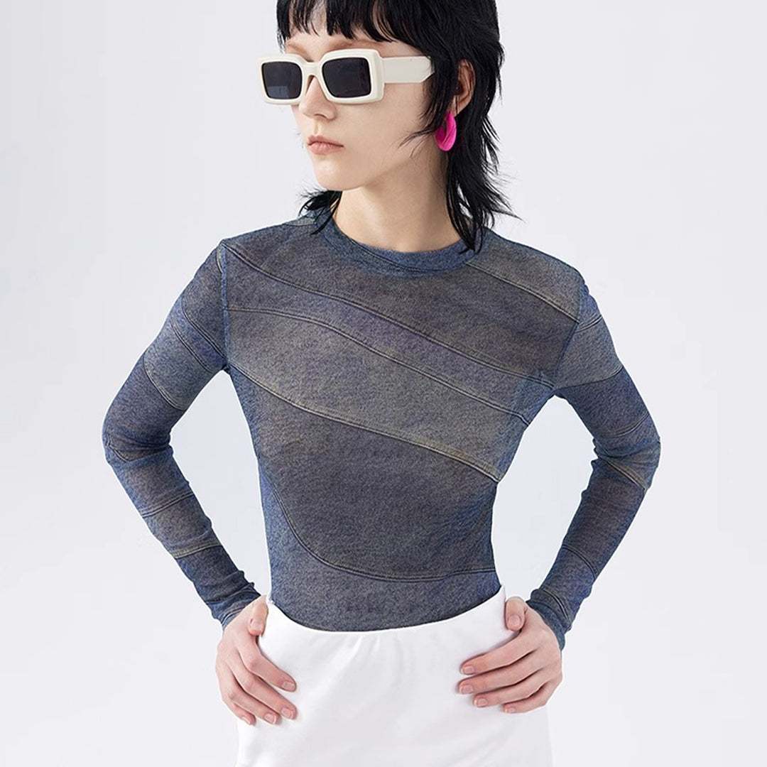 Denim print see-through mesh top – Future Fusion Online