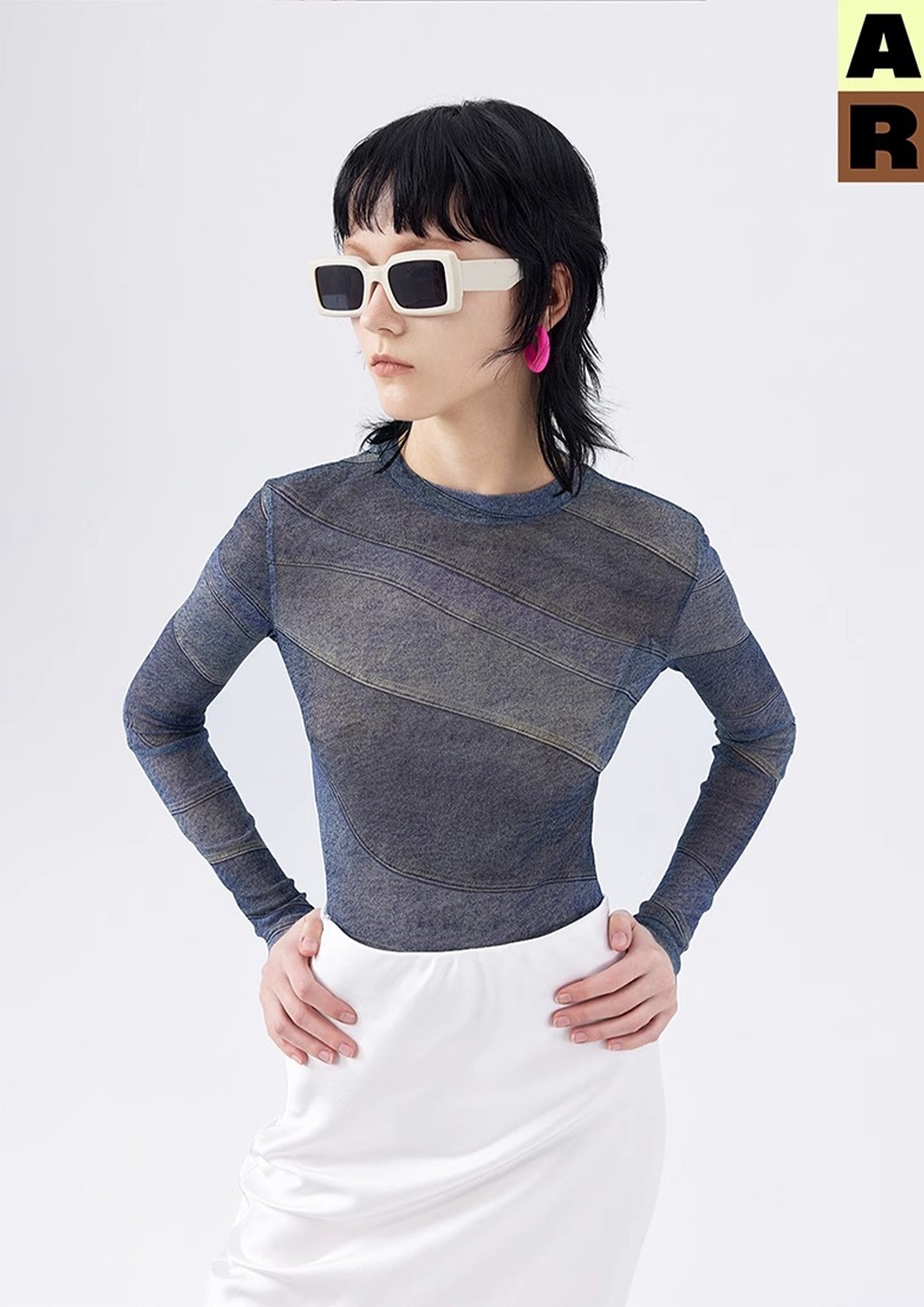 Denim print see-through mesh top – Future Fusion Online