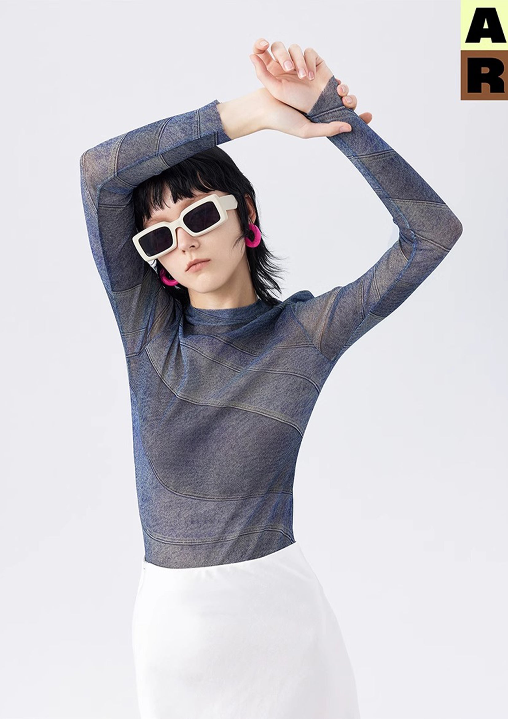 Denim print see-through mesh top – Future Fusion Online