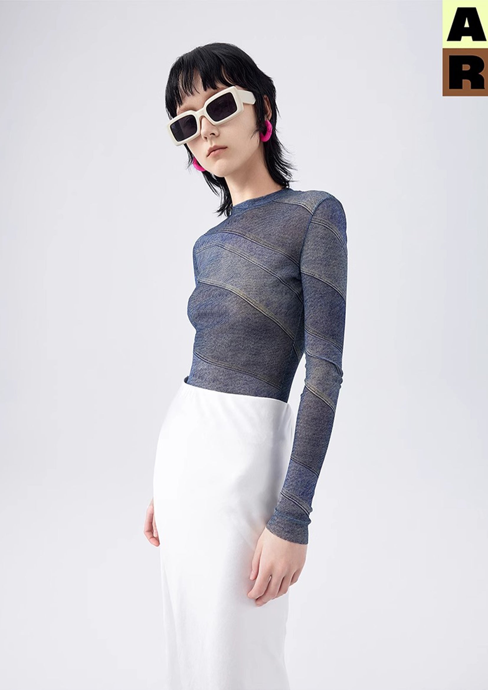 Denim print see-through mesh top – Future Fusion Online