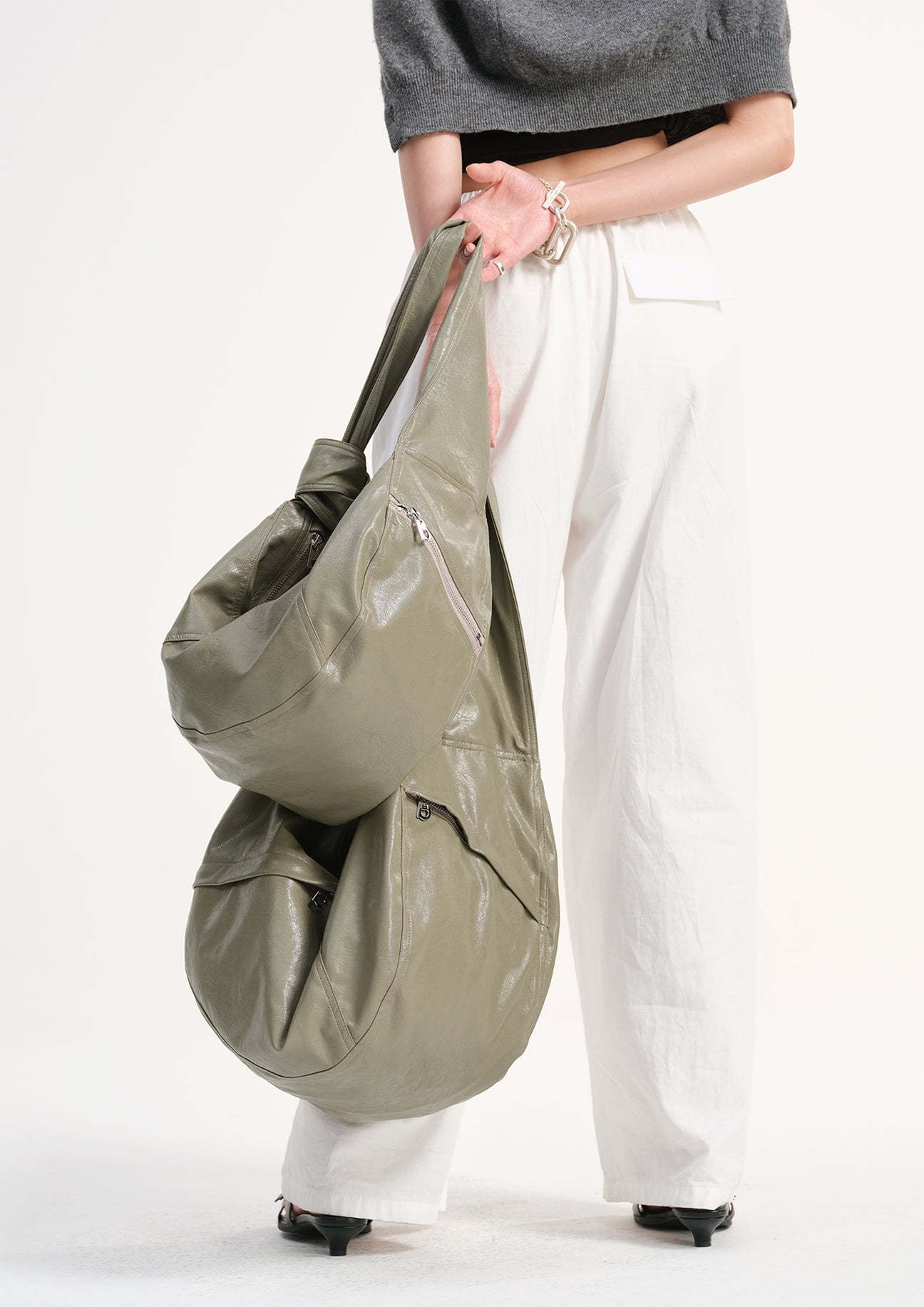 Vegan leather large dumpling bag - grey – Future Fusion Online